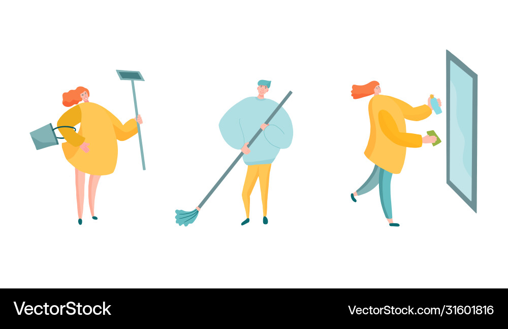 Housekeeping workers characters cleaning house Vector Image