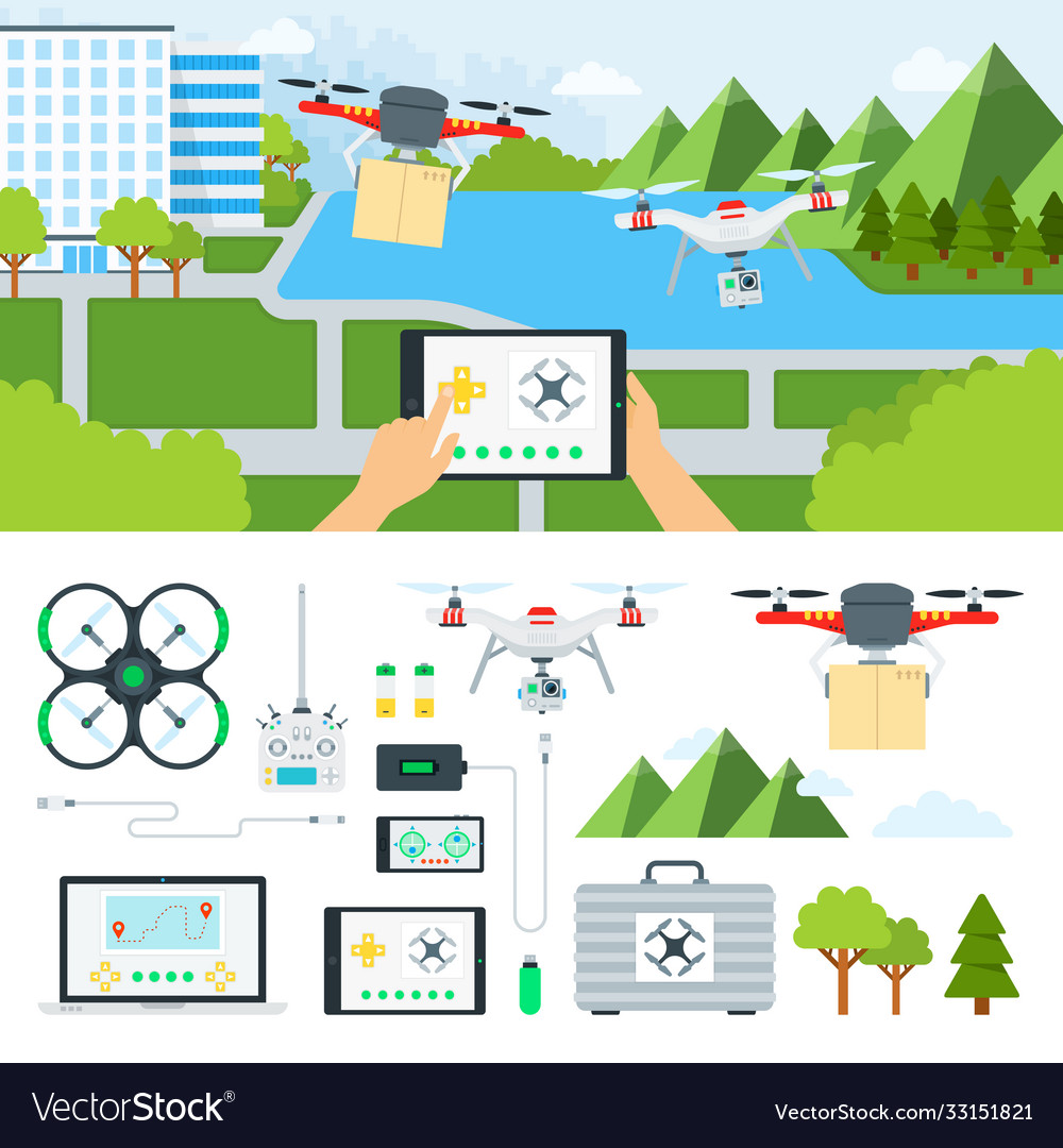 Controlling a drone against backdrop Royalty Free Vector