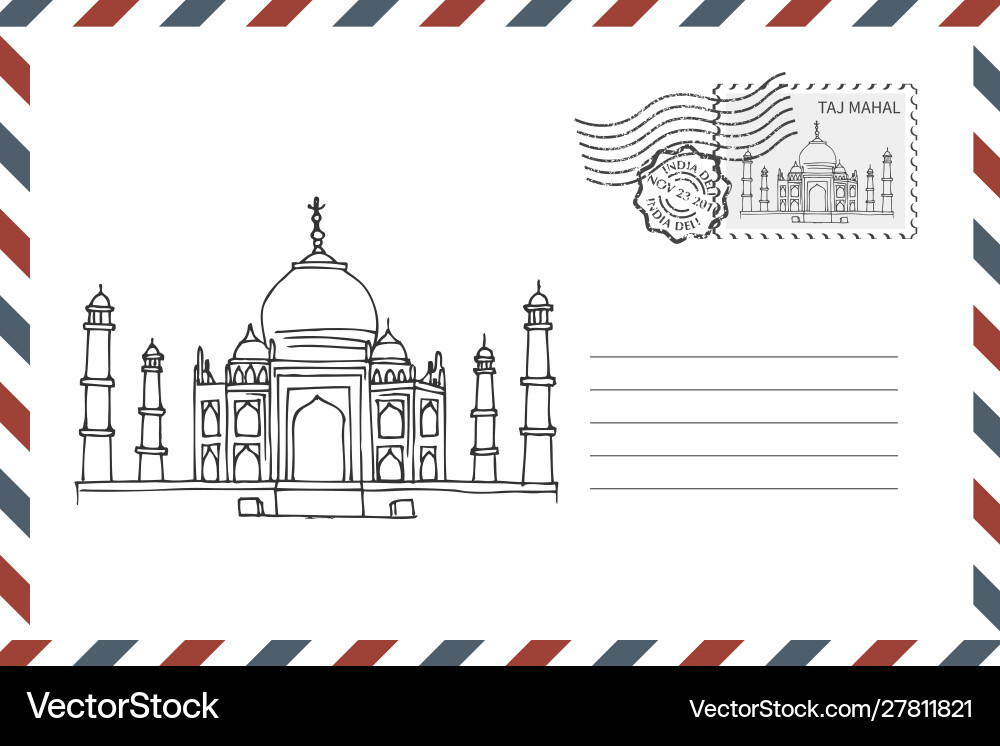 Envelope with hand drawn taj mahal in india Vector Image
