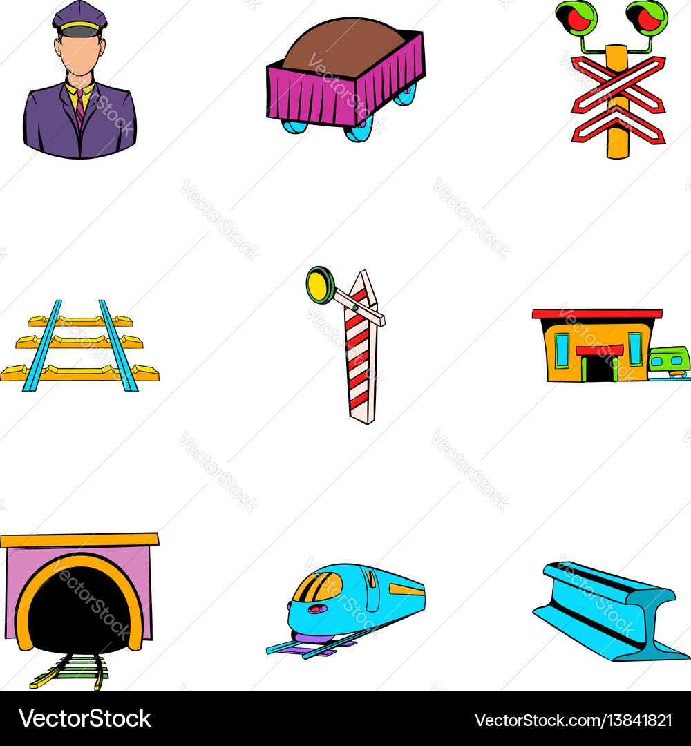 Railroad icons set cartoon style Royalty Free Vector Image