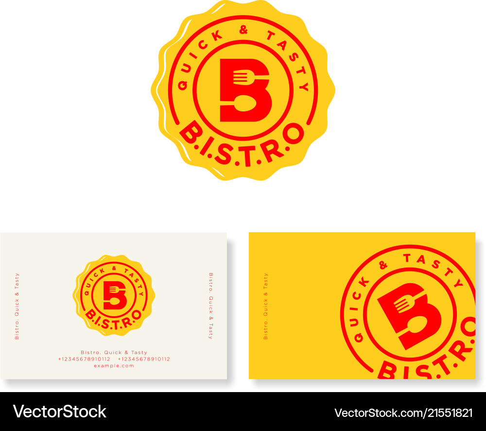 Red b letter bistro cafe logo yellow badge Vector Image