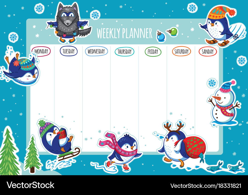 Weekly planner with winter penguins cartoon design