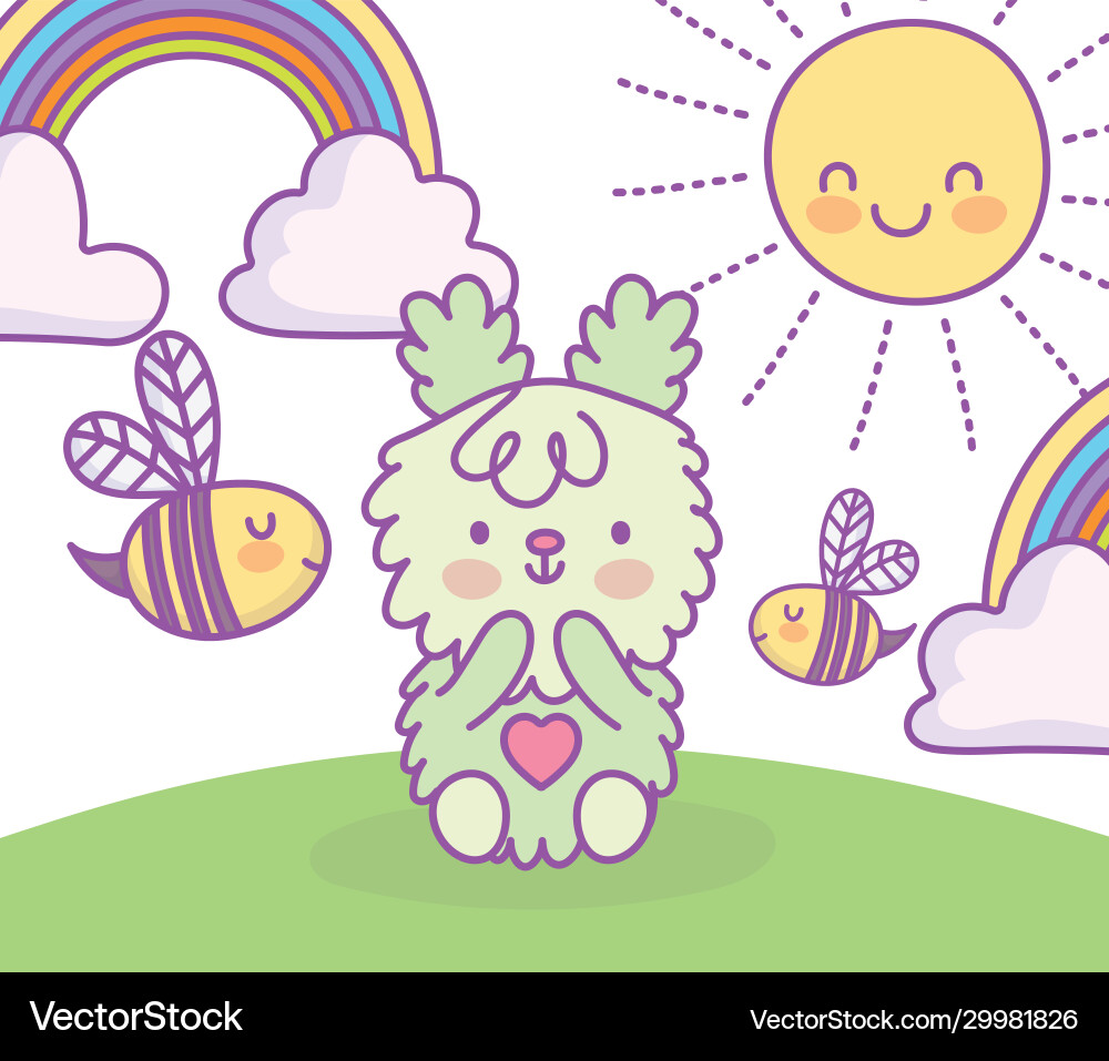 Cute bunny sitting in grass with clouds sun Vector Image