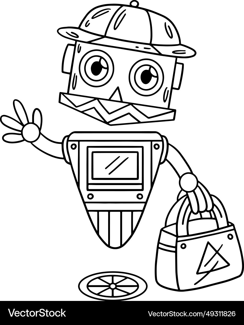 Floating robot with a bag isolated coloring page Vector Image