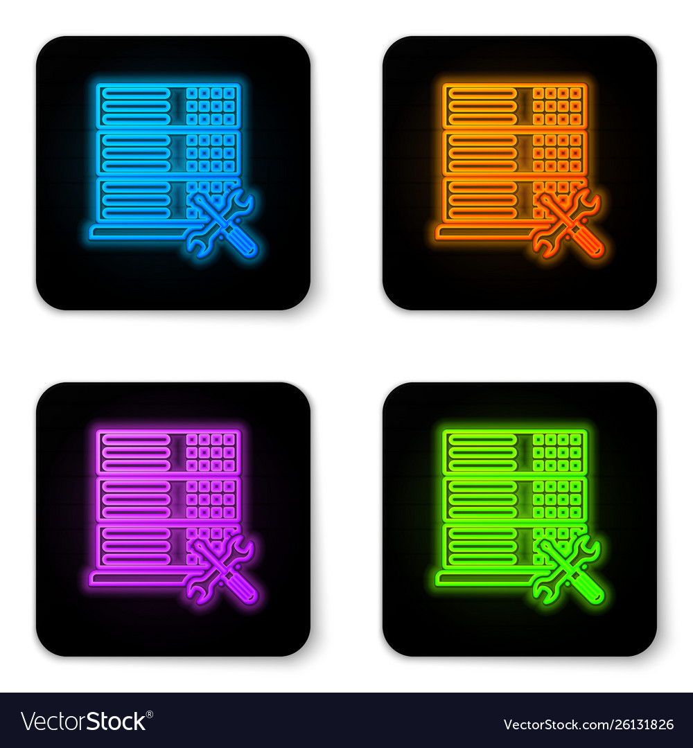 Glowing neon database server with screwdriver Vector Image