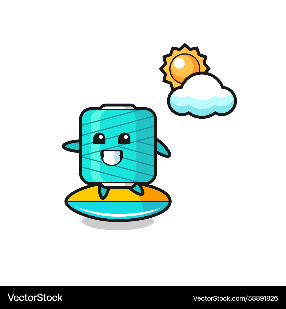 Yarn spool cartoon do surfing on beach Royalty Free Vector