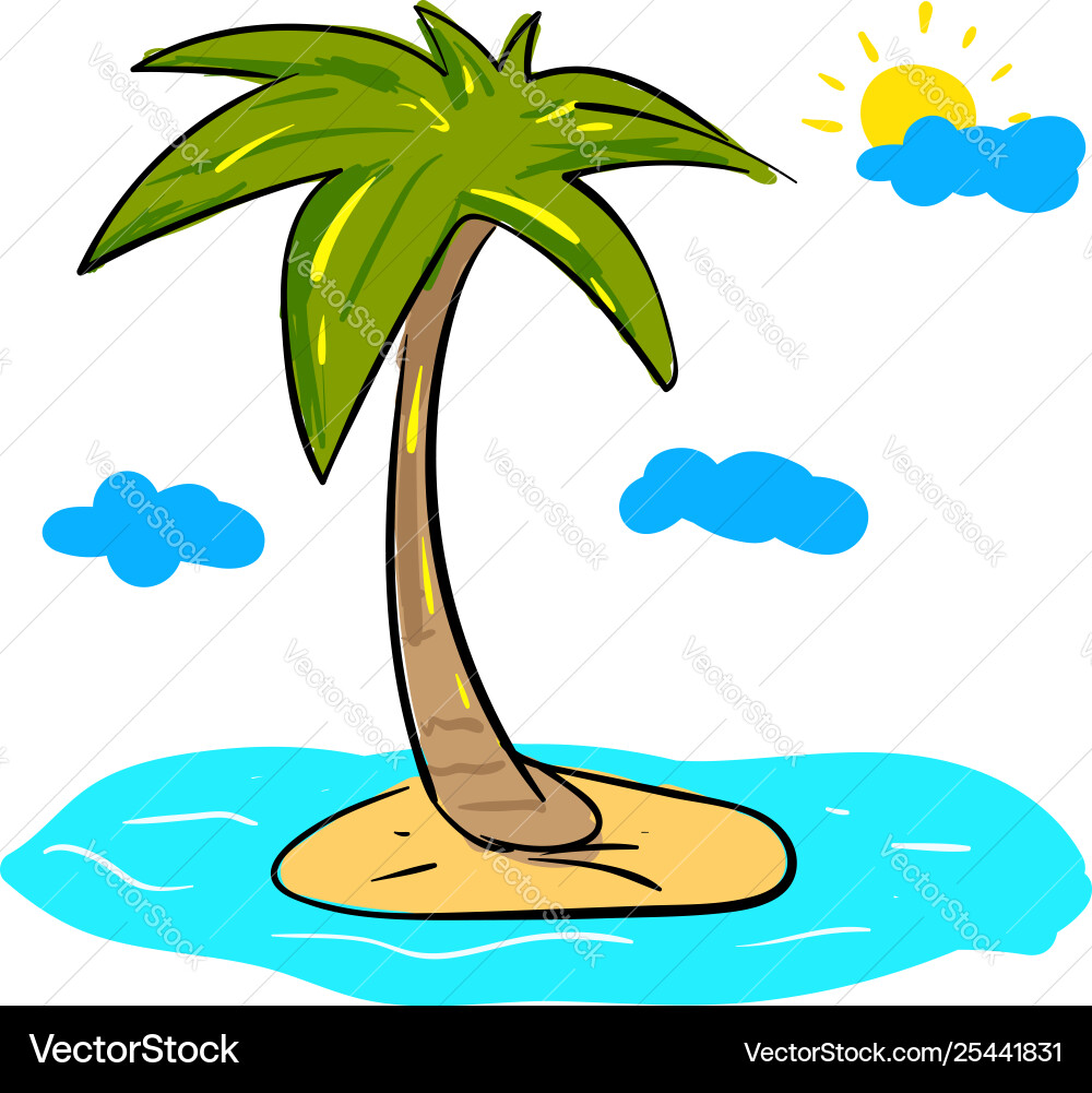 Palm tree on island with sun and clouds Royalty Free Vector