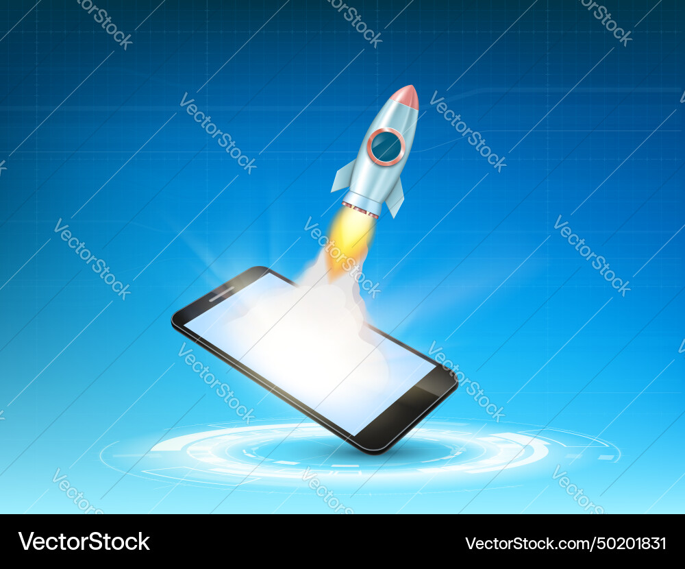 Rocket flies out of a smartphone screen Royalty Free Vector