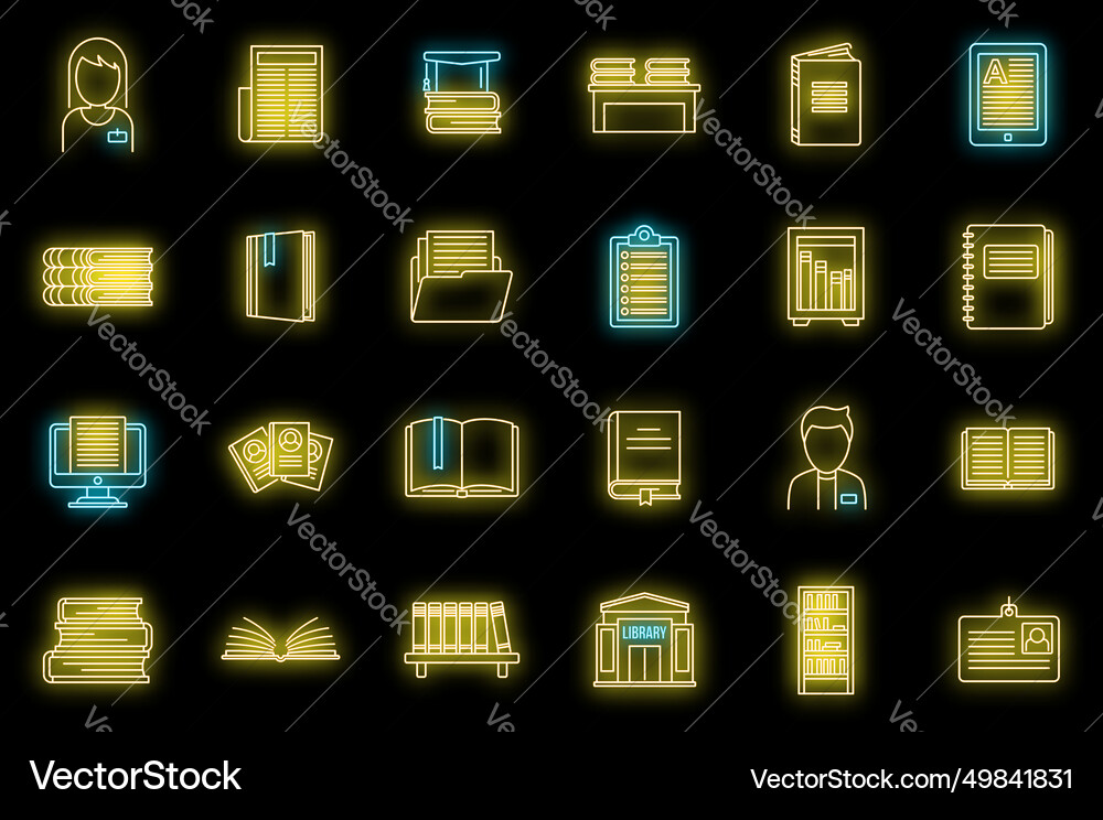 University library icons set neon Royalty Free Vector Image