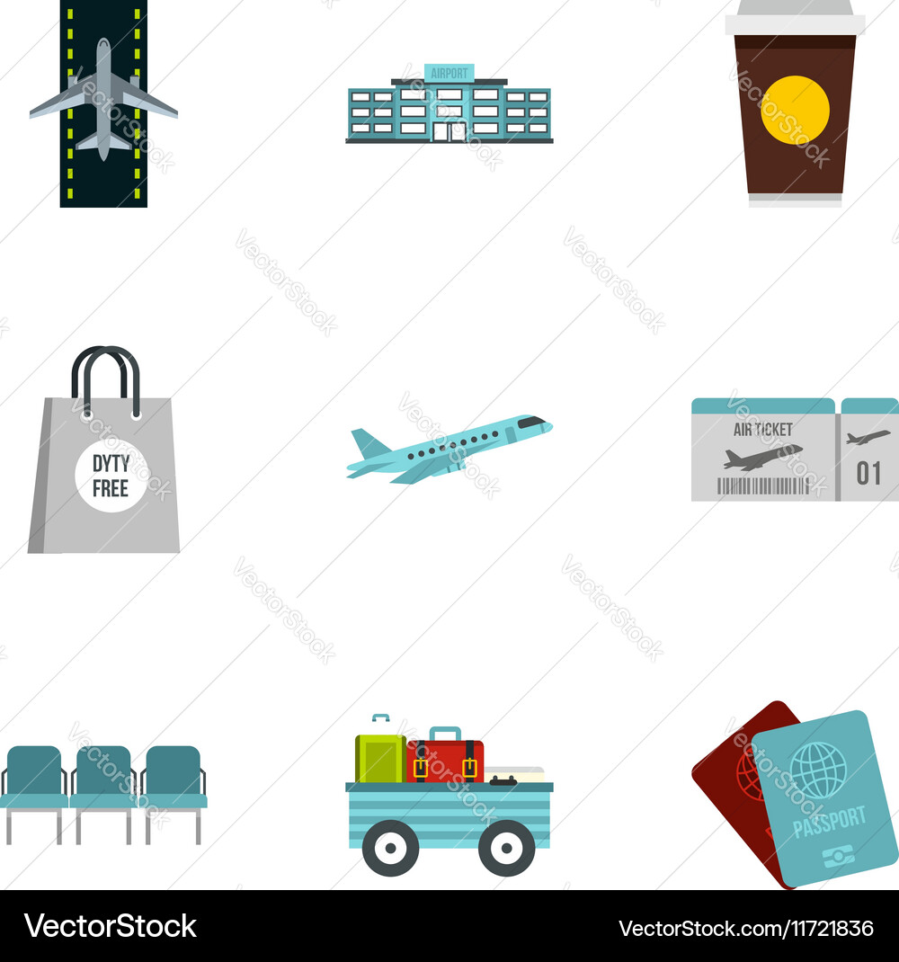 Airport check-in icons set flat style Royalty Free Vector