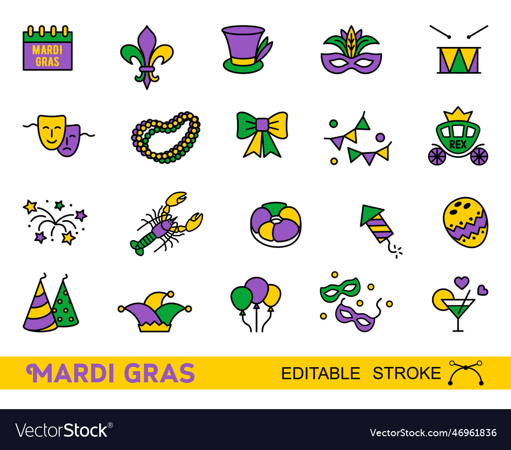 Mardi gras carnival set icons with editable stroke