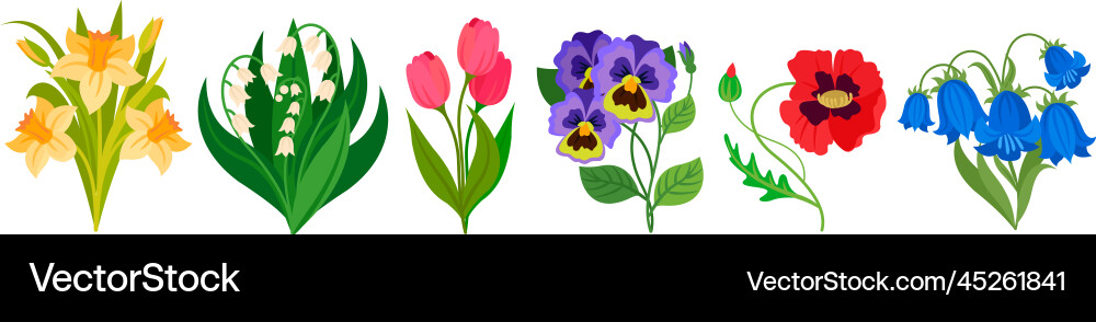 Cartoon spring wild flowers colored floral set Vector Image