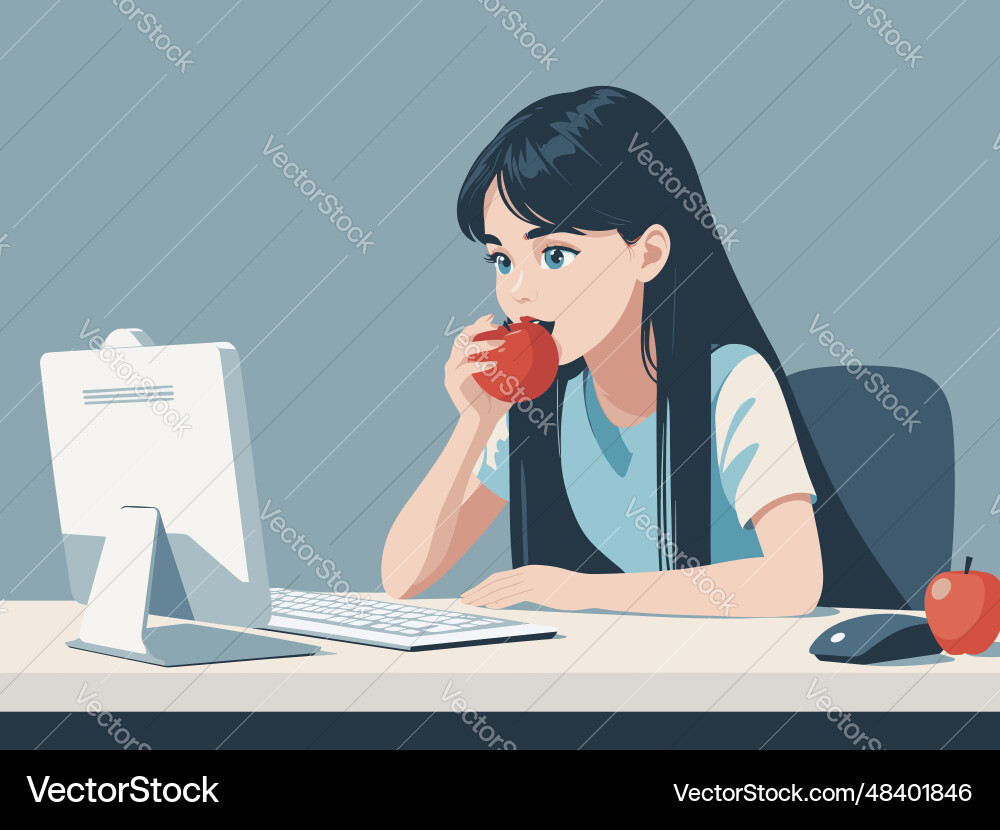 Girl eat apple at the pc Royalty Free Vector Image