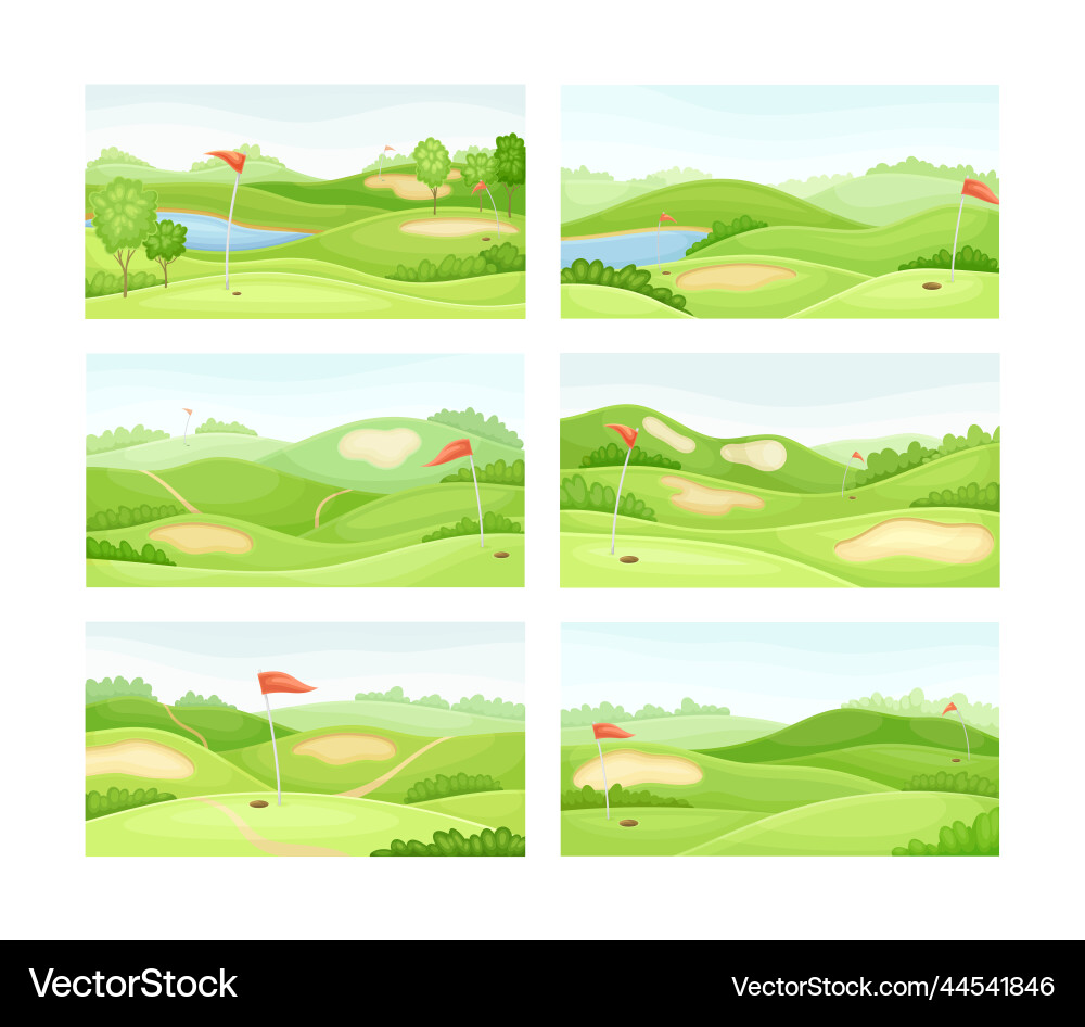 Golf courses set green summer course with holes Vector Image