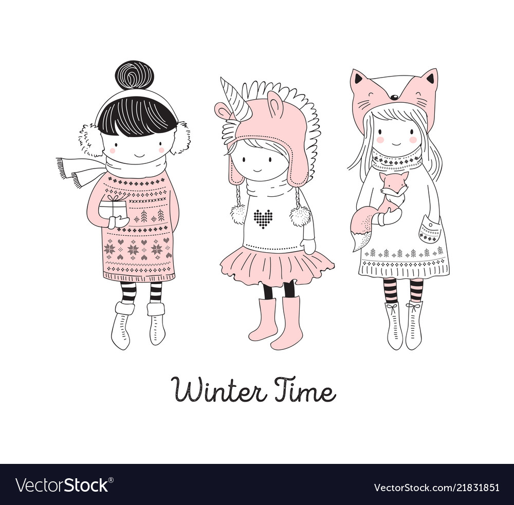 Hand drawn beautiful cute little winter girls Vector Image