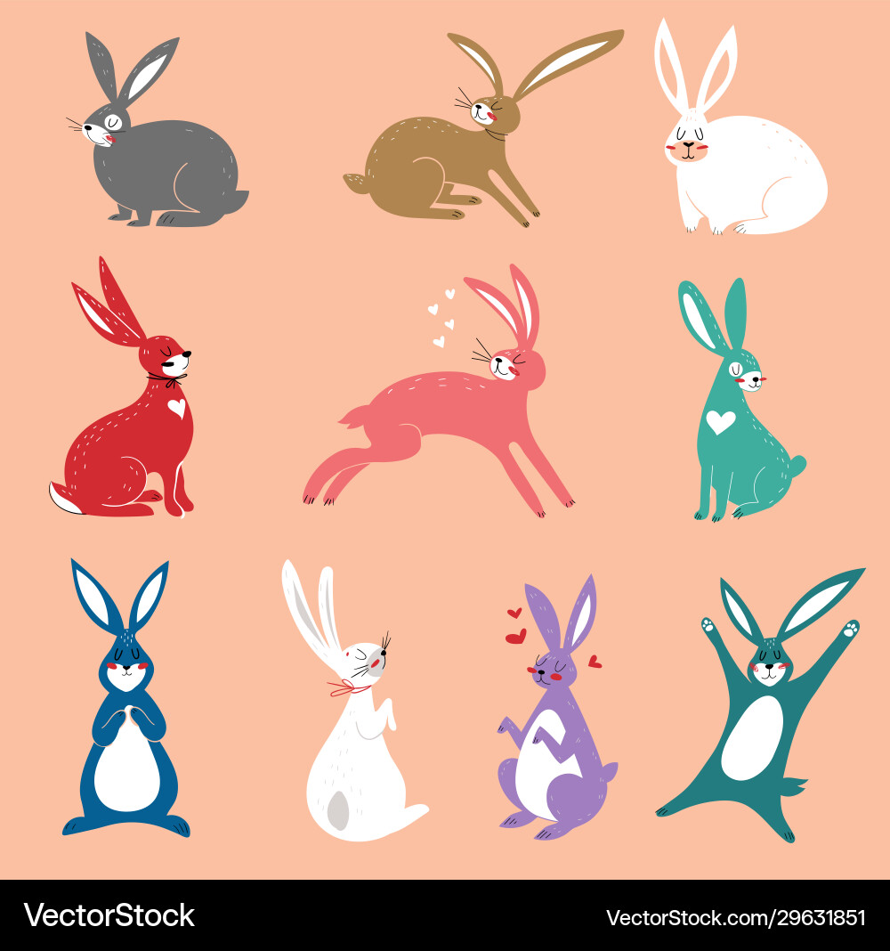 Set cute rabbits in cartoon style Royalty Free Vector Image