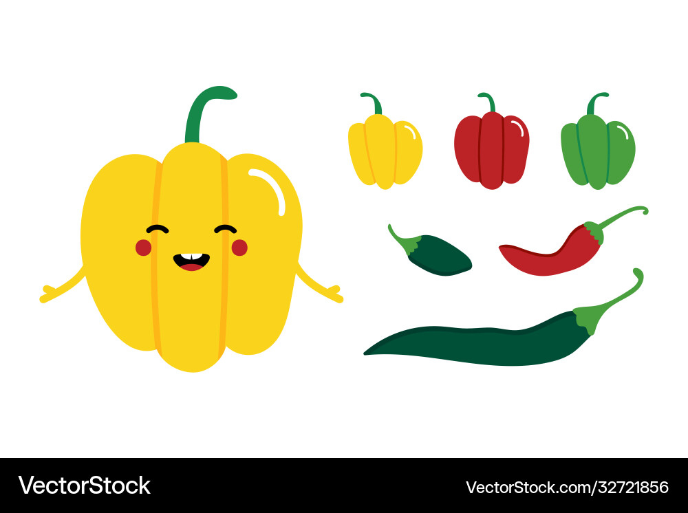 Bell pepper character with set chili peppers Vector Image