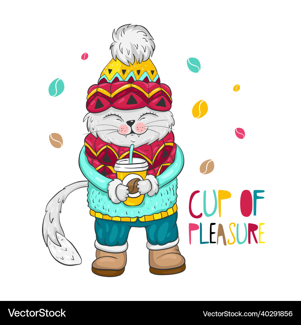 Happy cat with coffee in his paws cup Royalty Free Vector