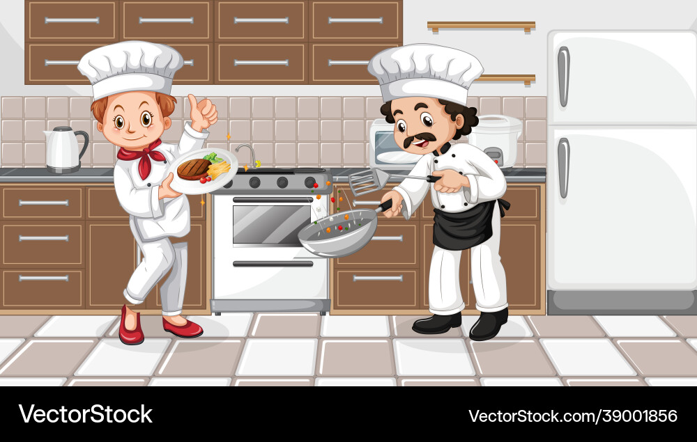 Kitchen scene with two chefs cartoon character Vector Image