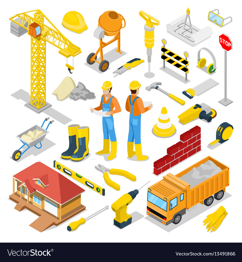 Isometric builder with construction instruments Vector Image