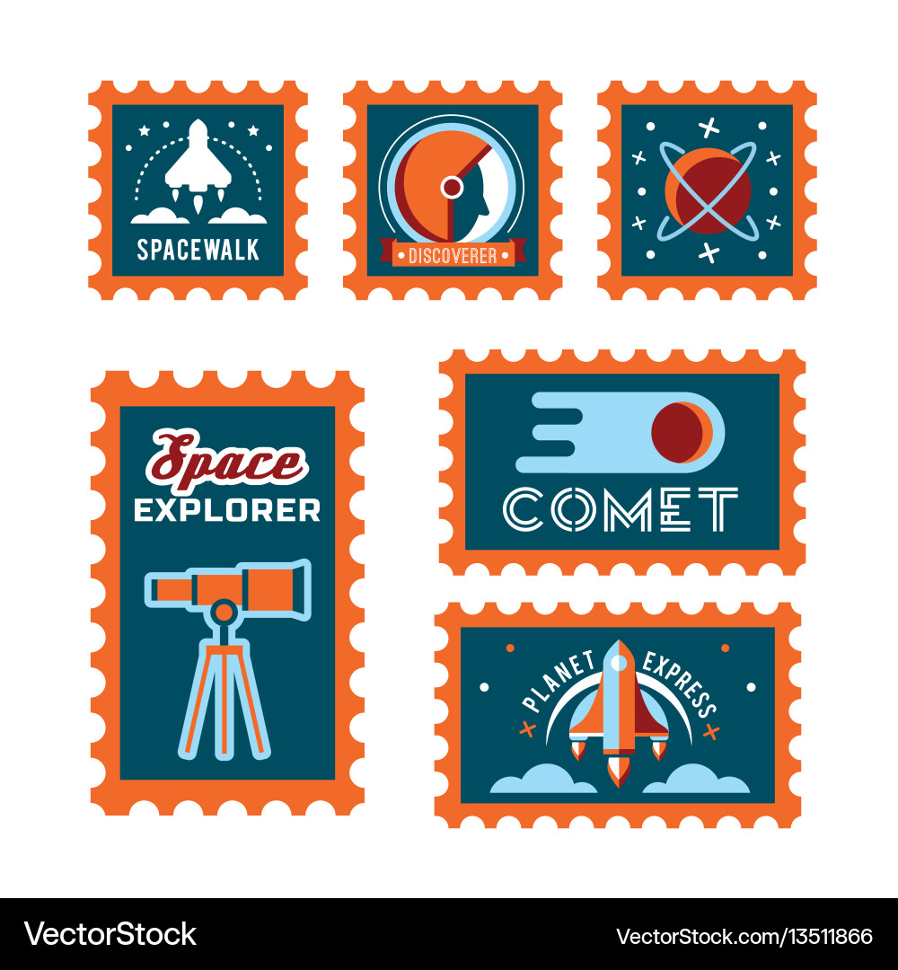 Post stamp with rocket in the space and flat stamp