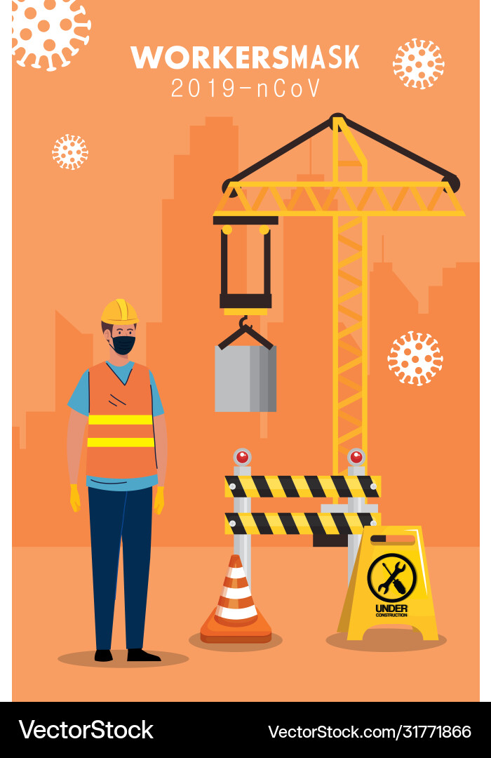 Worker construction wearing medical mask against Vector Image
