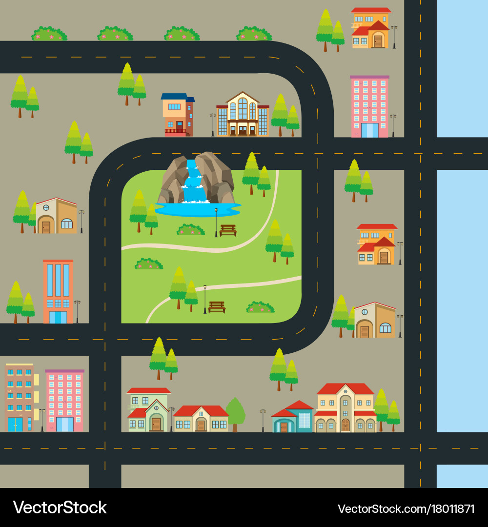 City map with road and many landmarks Royalty Free Vector