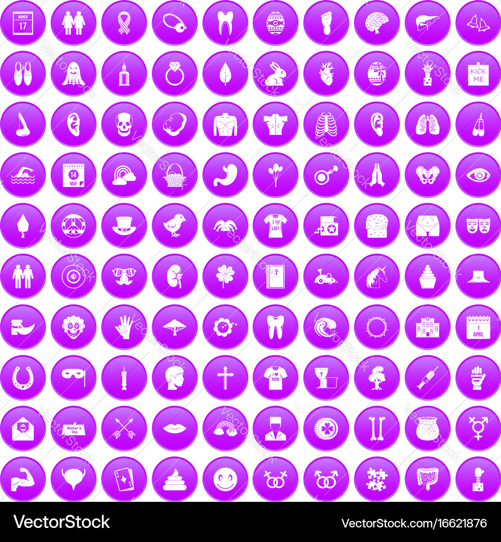 100 spring holidays icons set purple Royalty Free Vector