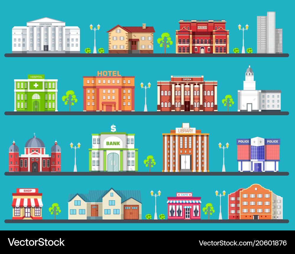 Flat colorful city buildings set icon background Vector Image