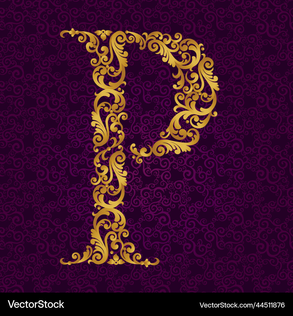 Gold font type letter p uppercase Royalty Free Vector Image