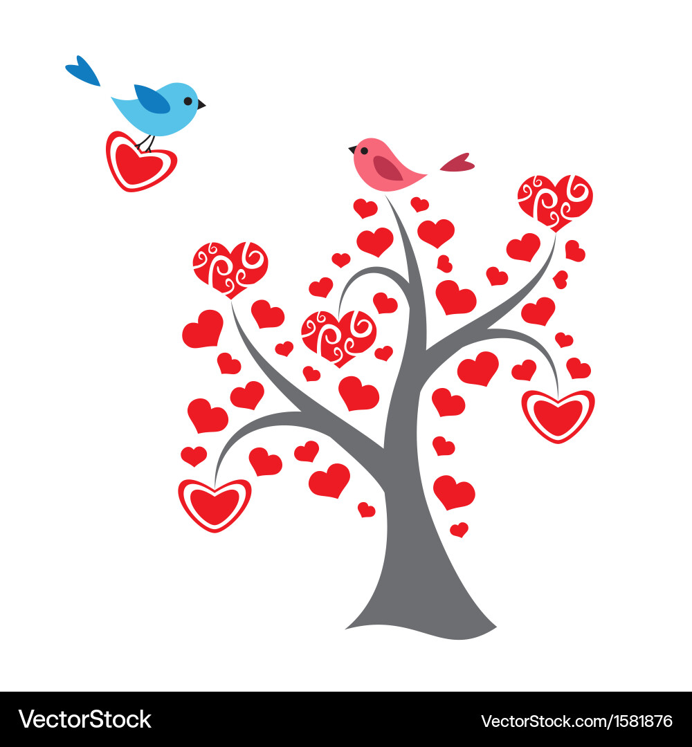 Hearts tree and birds in love Royalty Free Vector Image
