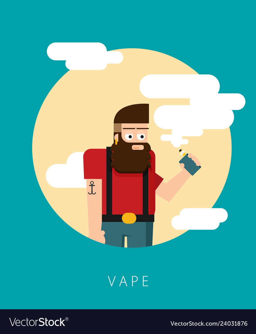 Smiling standing bearded hipster man holding vape Vector Image