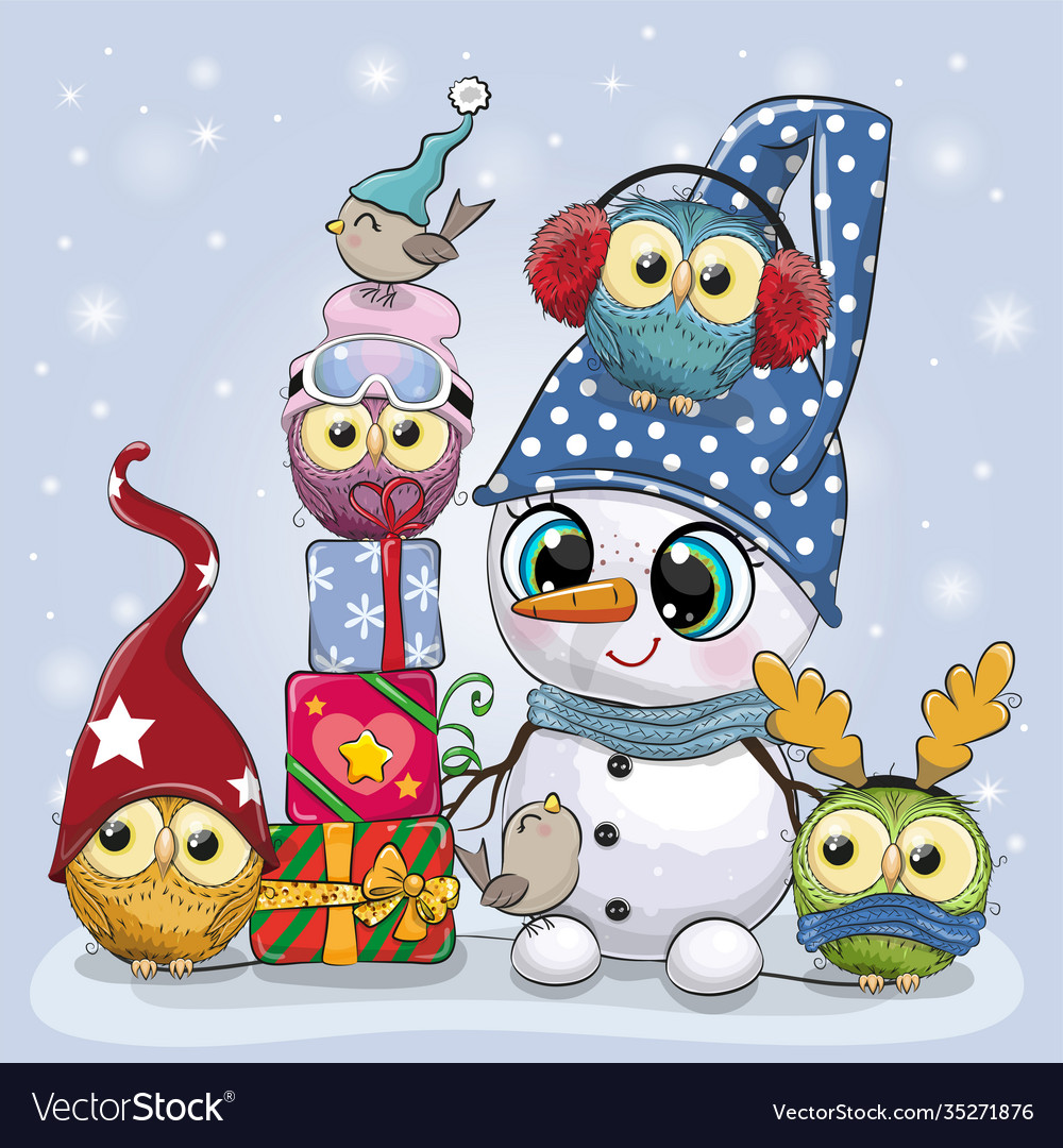Snowman in a hat and four owls Royalty Free Vector Image