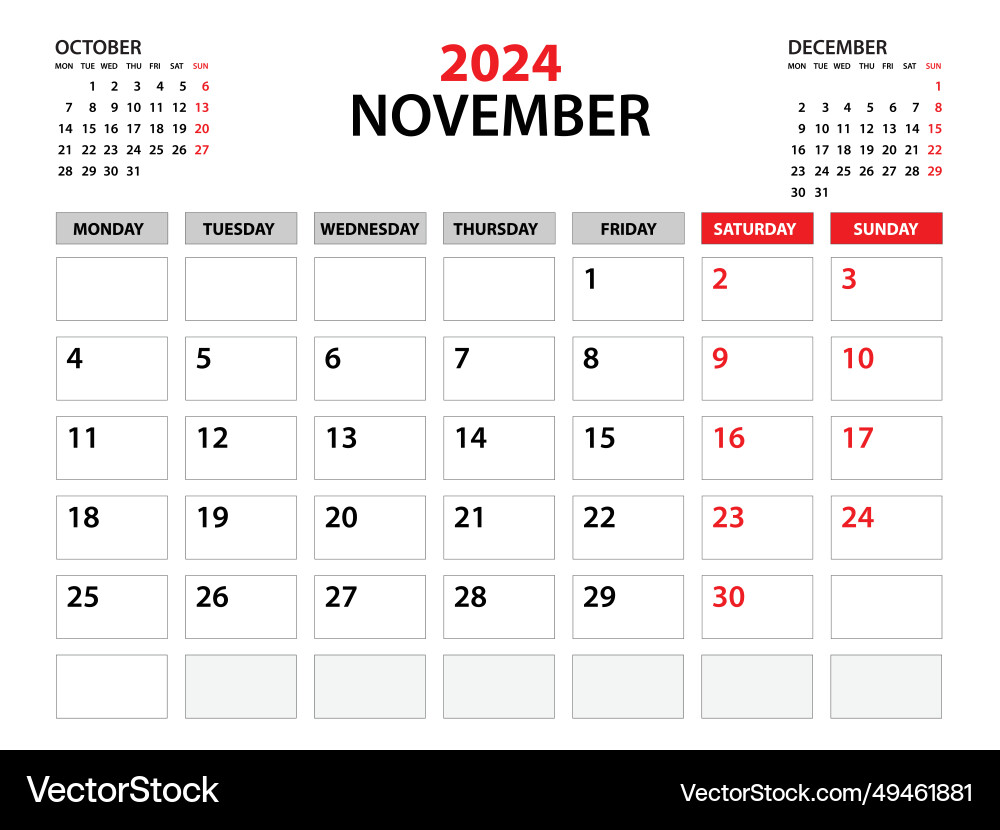 Calendar 2024 template november year Royalty Free Vector