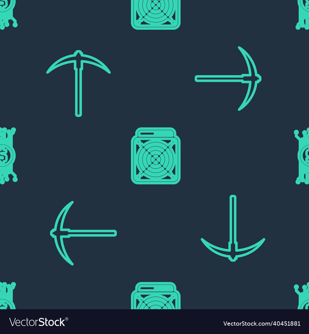 Set line asic miner pickaxe and cryptocurrency Vector Image