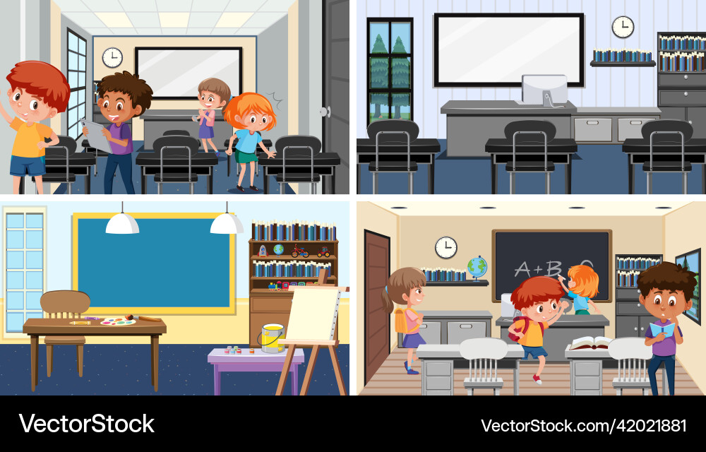 Set of student in the classroom scene Royalty Free Vector
