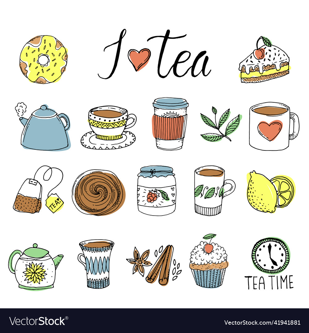 Tea hand drawn elements set Royalty Free Vector Image