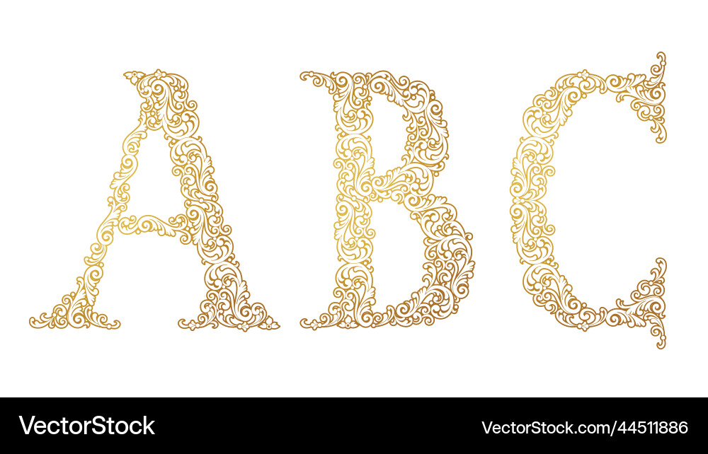 Gold font type letters a b c uppercase baroque Vector Image
