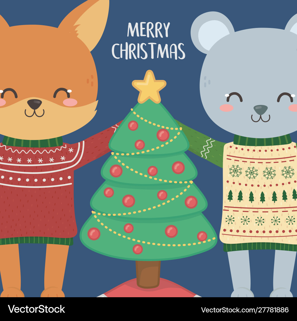 Merry christmas celebration cute fox and rabbit Vector Image