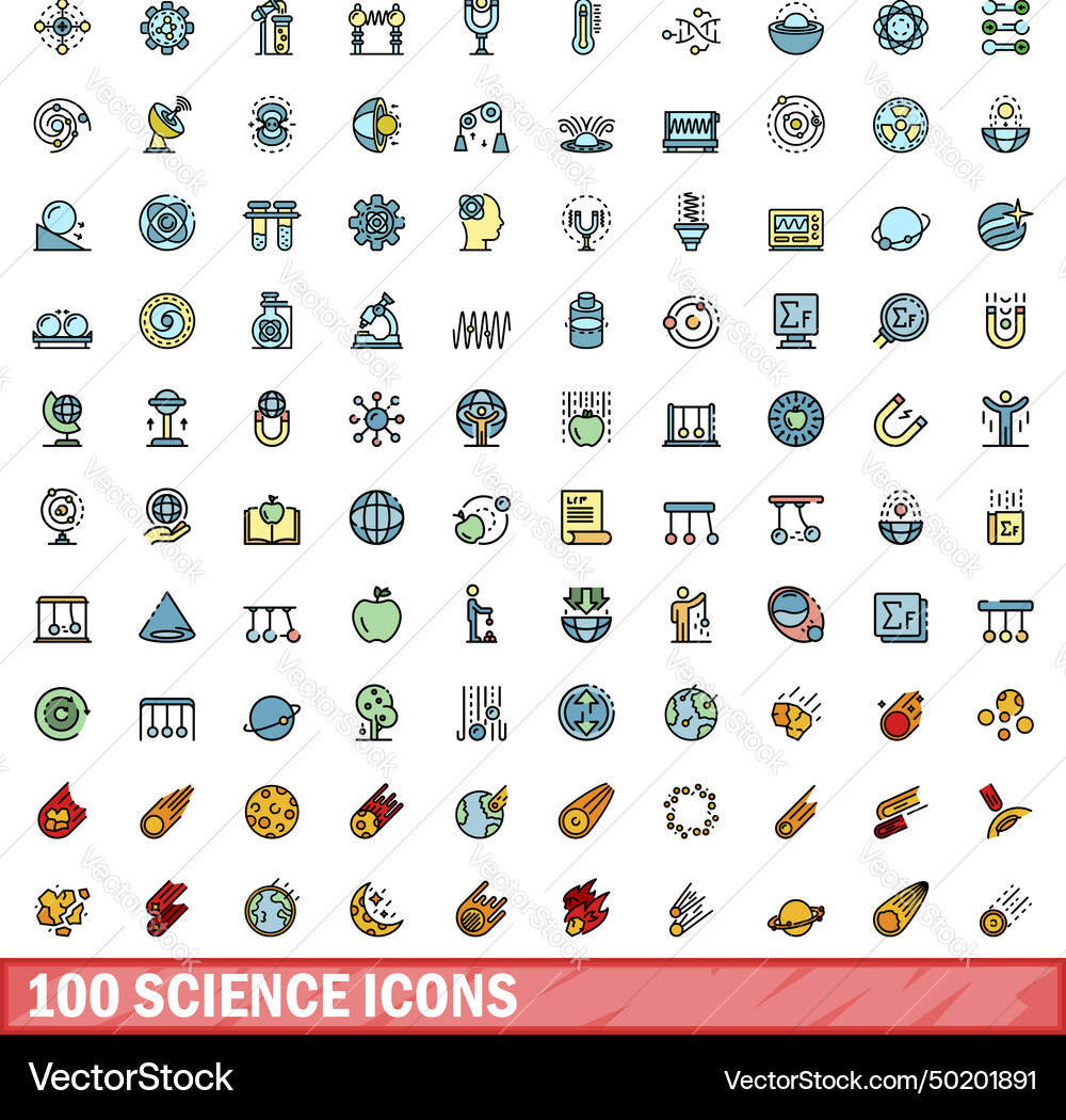 100 science icons set color line style Royalty Free Vector