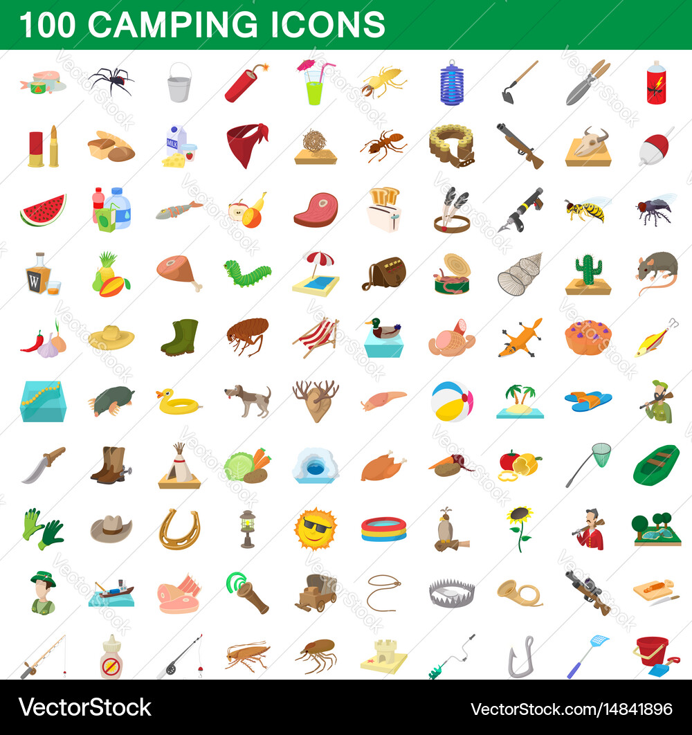 100 camping icons set cartoon style Royalty Free Vector