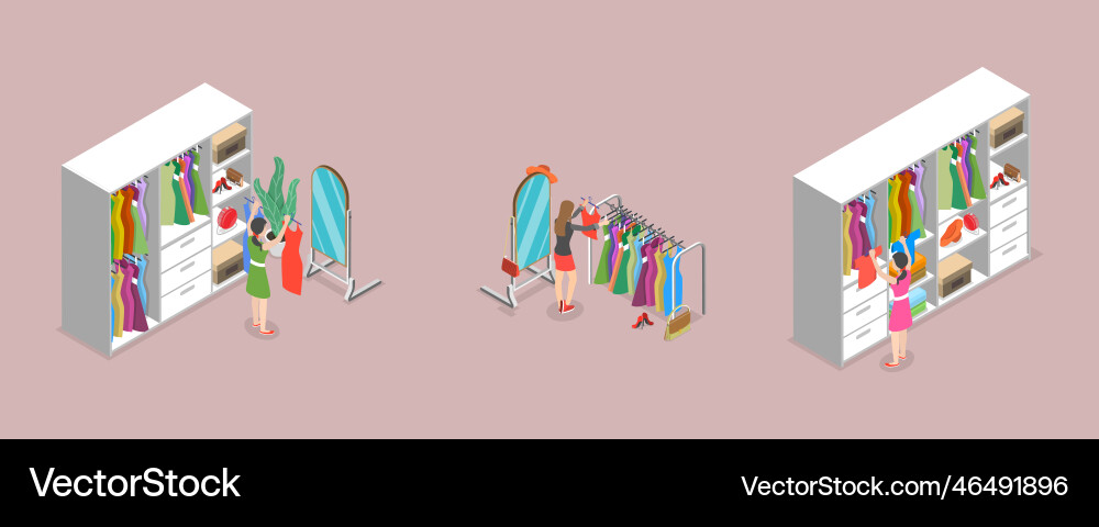 3d isometric flat set of wardrobes Royalty Free Vector Image