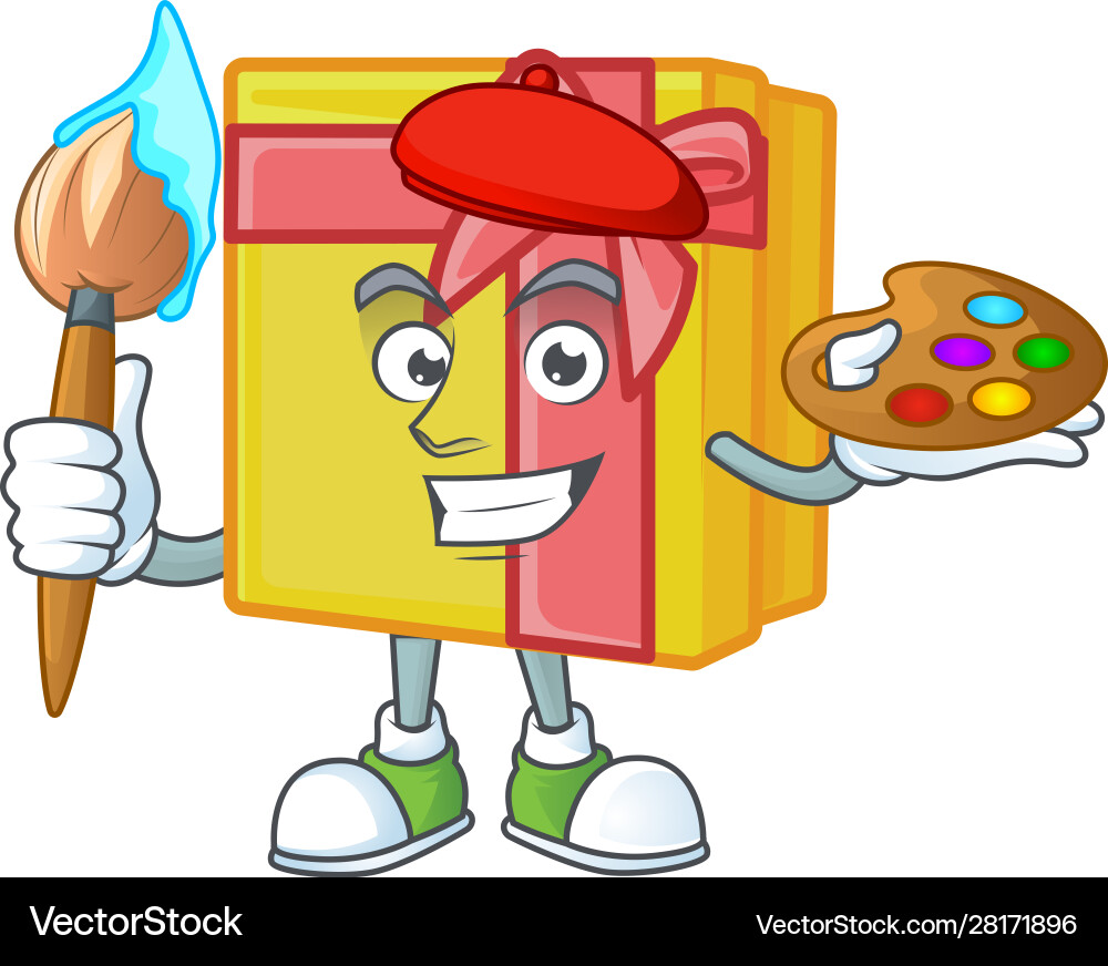Cheerful yellow gift box painter cartoon character