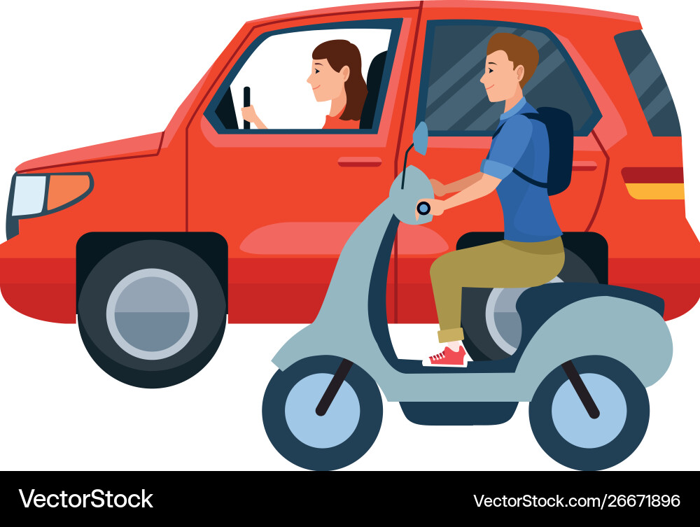Vehicle and motorcycle with drivers riding Vector Image