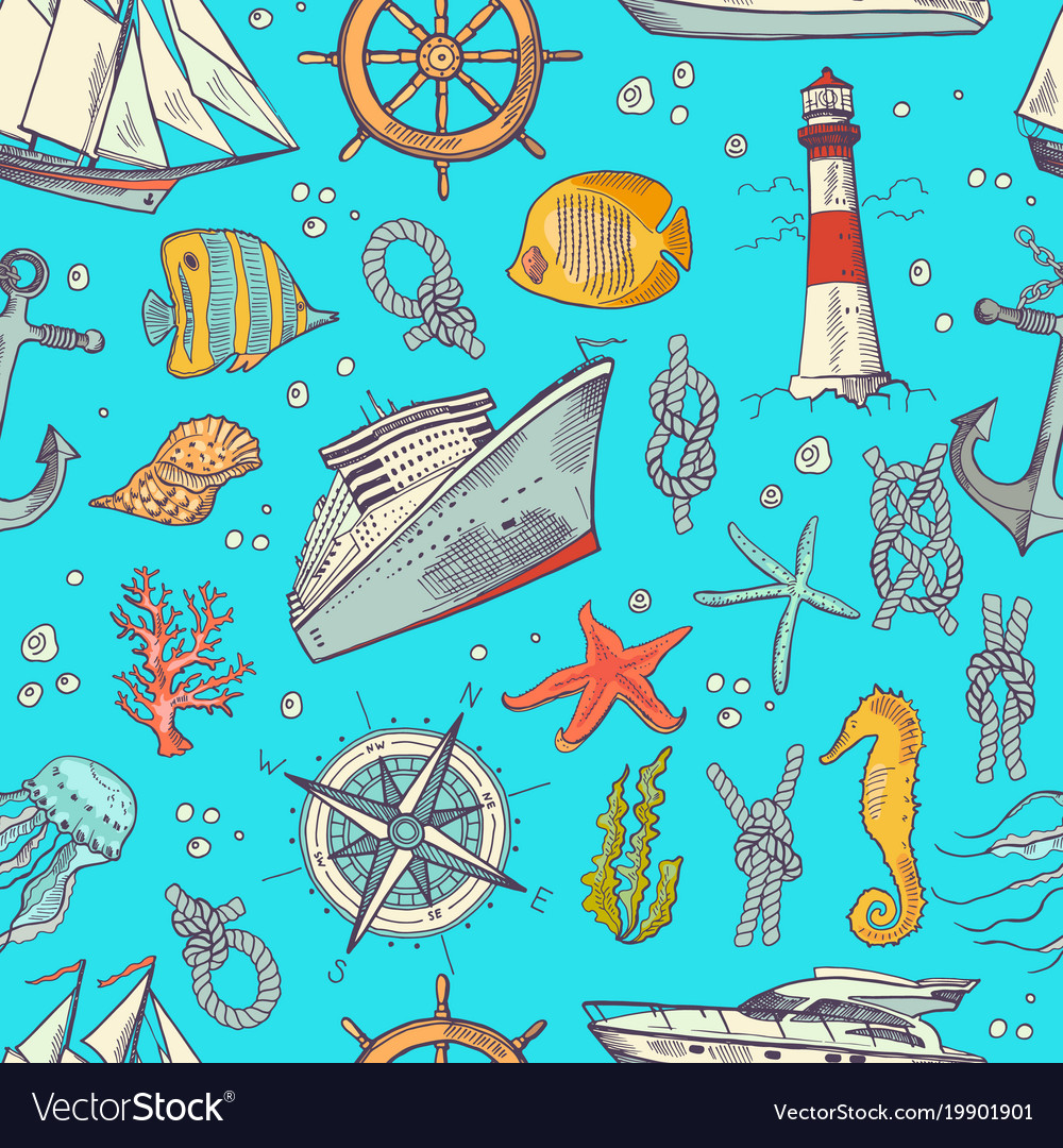 Colored sketched sea elements pattern Royalty Free Vector