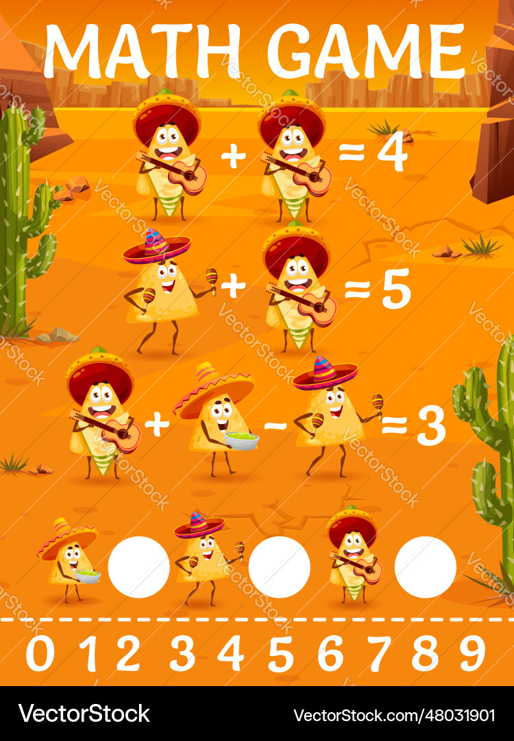 Math game worksheet with mexican nachos musician Vector Image