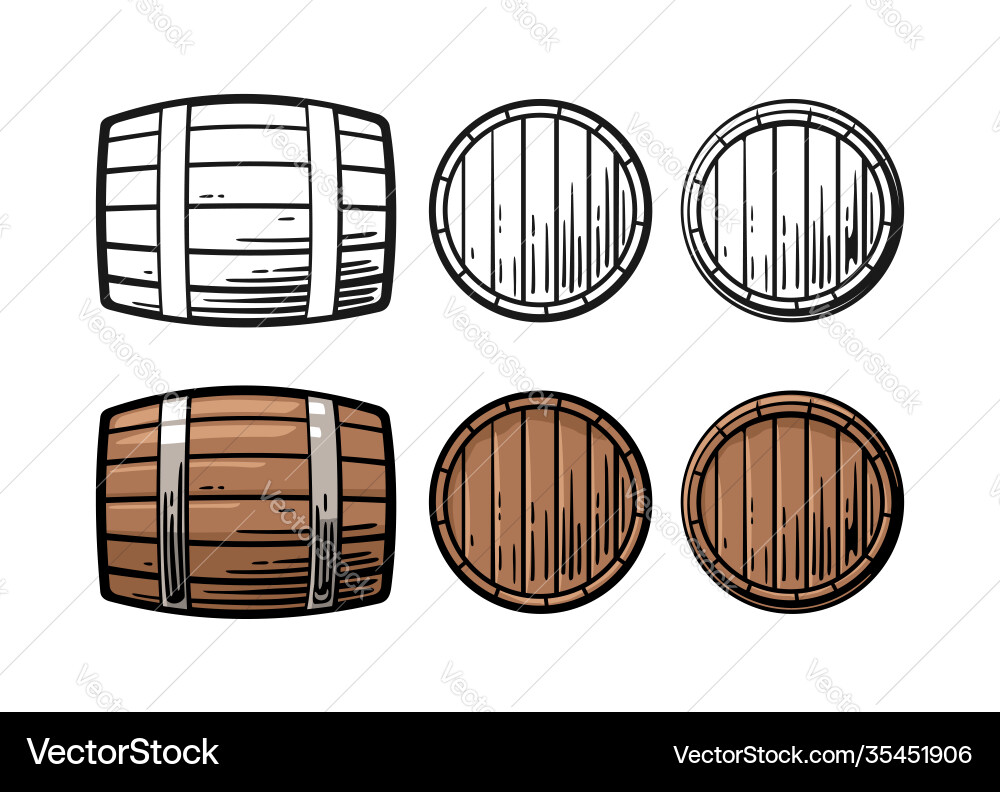 Wooden barrel front and side view engraving Vector Image