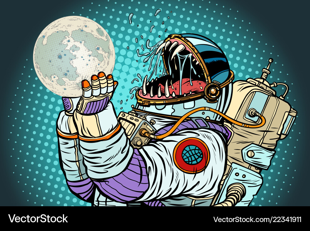 Astronaut monster eats moon greed and hunger Vector Image
