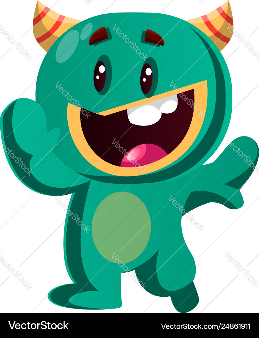 Happy green monster waving Royalty Free Vector Image