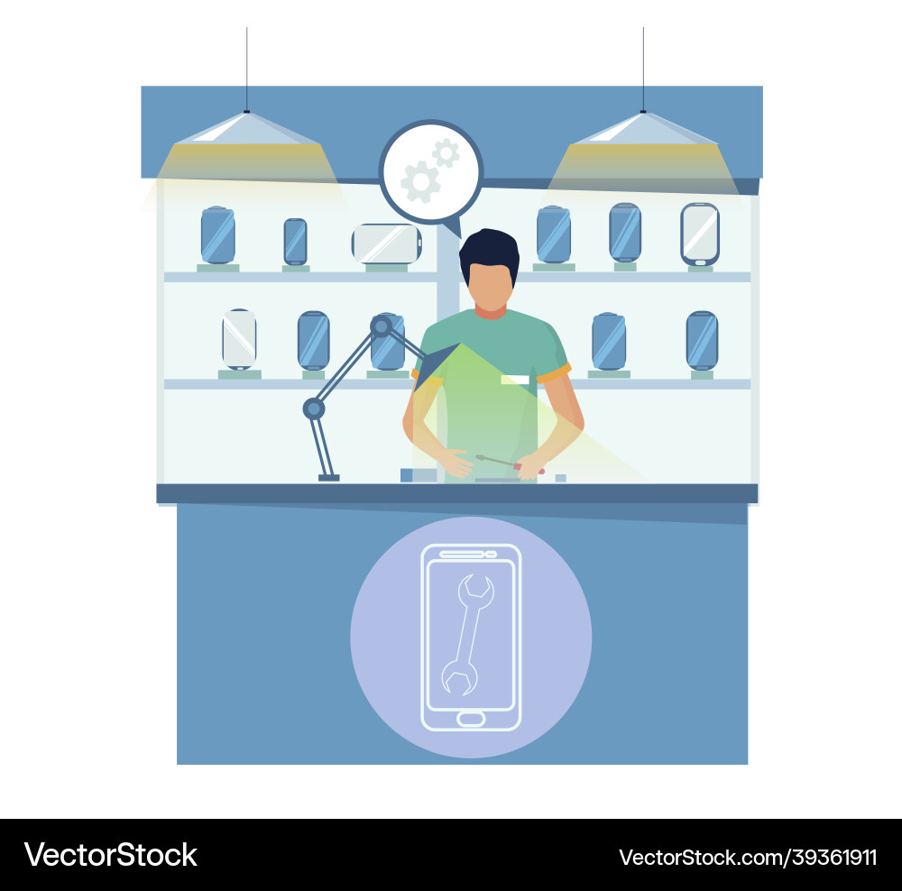Mobile service center repairmen fixing broken Vector Image
